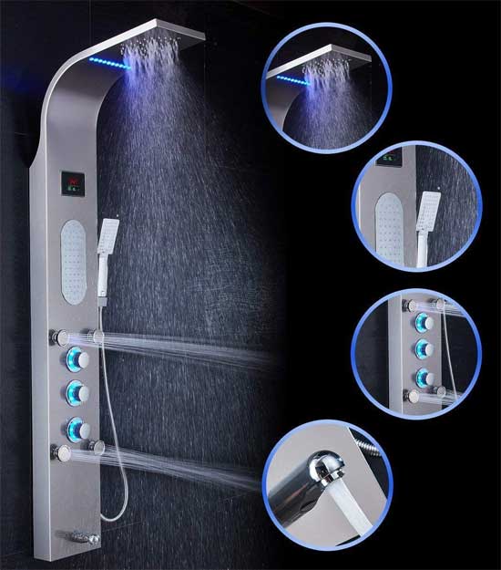 Brushed Nickel Elloandallo Shower Panel System Tower With Shelf Led